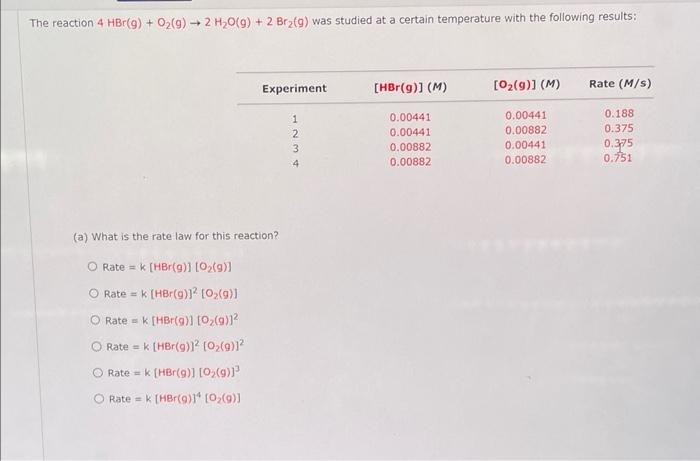 Solved The reaction 4HBr(9)+O2(9)→2H2O(9)+2Br2(9) was | Chegg.com