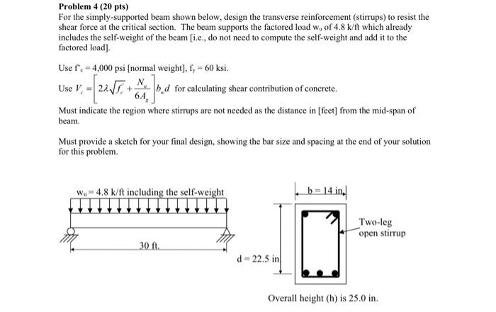 Solved Problem 4 (20 pts) For the simply-supported beam | Chegg.com