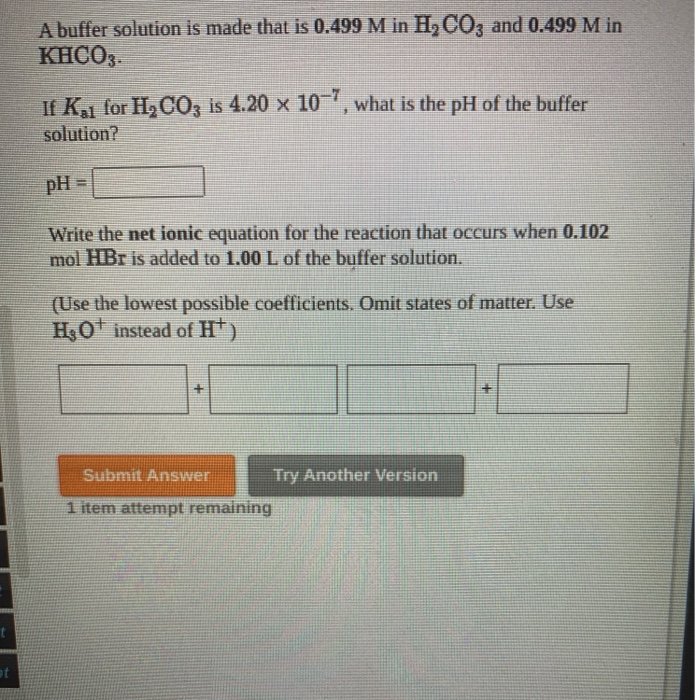 Solved A buffer solution is made that is 0.499 M in H2CO3 | Chegg.com