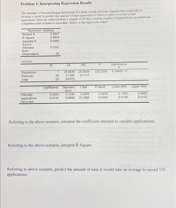 Solved Problem 1: Interpreting Regression Results The | Chegg.com