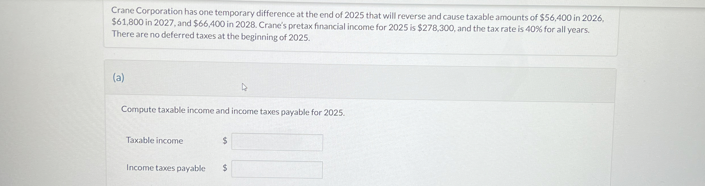 Solved Crane Corporation has one temporary difference at the | Chegg.com