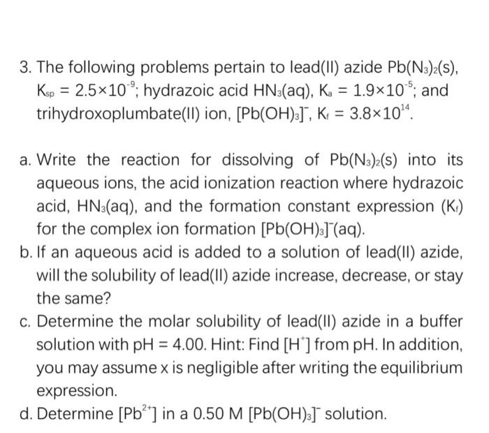 Solved 3. The following problems pertain to lead(II) azide | Chegg.com