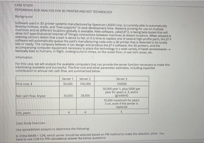 Solved CASE STUDY PEFORMING ROR ANALYSIS FOR 3D PRINTER AND | Chegg.com
