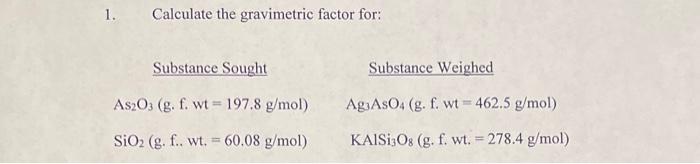Solved 1. Calculate the gravimetric factor for: Substance | Chegg.com