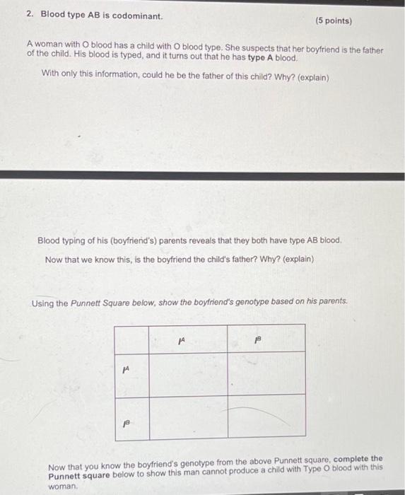 Solved 2. Blood type AB is codominant. ( 5 points) A woman | Chegg.com