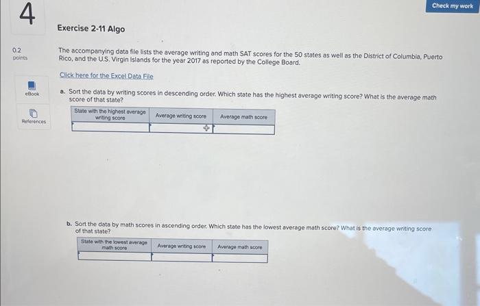 Solved The accompanying data file lists the average writing | Chegg.com