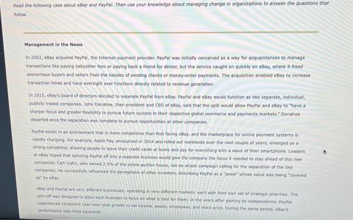 Solved Read the following case about eBay and PayPal. Then | Chegg.com