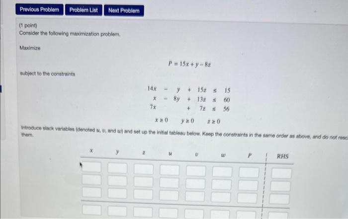 (1 point) Consider the following maximization | Chegg.com