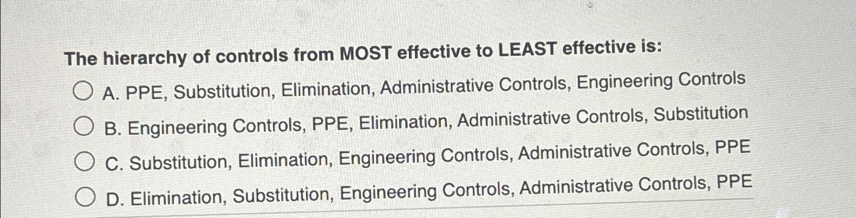 Solved The hierarchy of controls from MOST effective to | Chegg.com