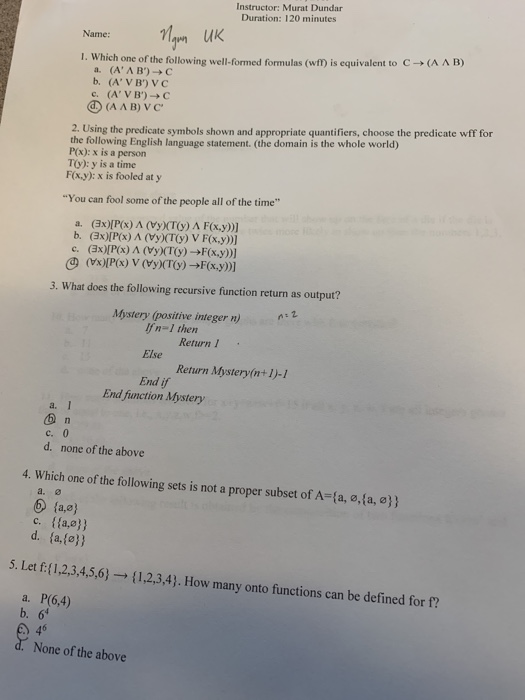 Solved Instructor: Murat Dundar Duration: 120 minutes Name: | Chegg.com