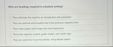 Solved Why are headings required in scholarly writing?They | Chegg.com