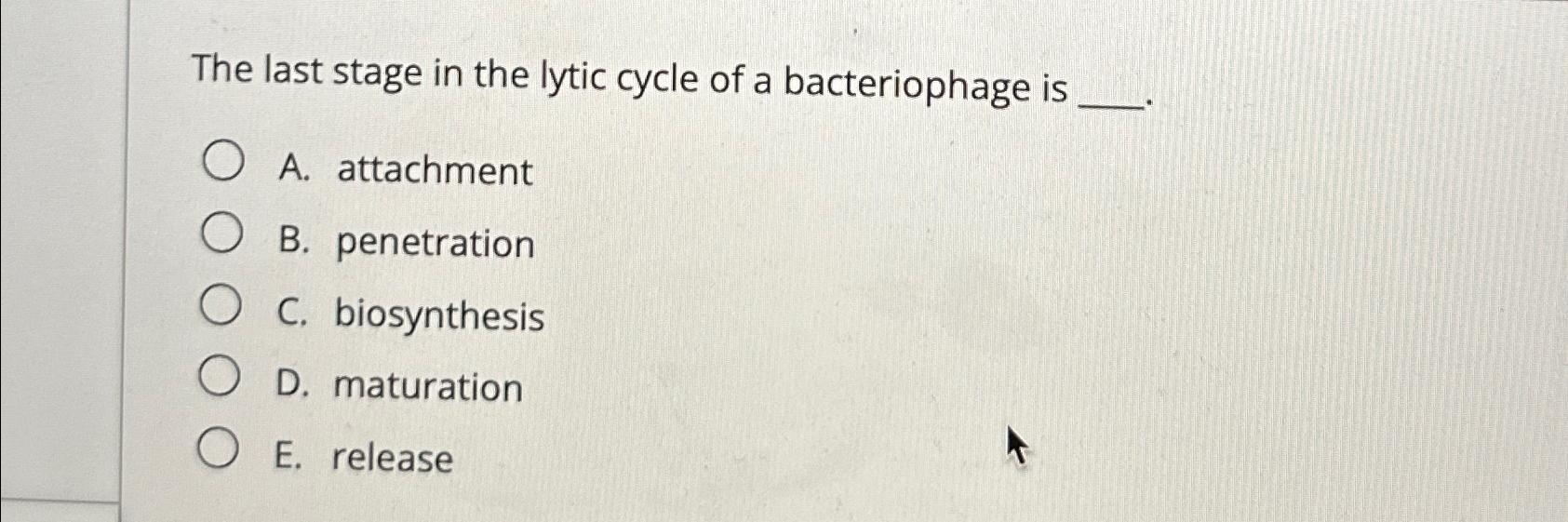 Solved The last stage in the lytic cycle of a bacteriophage | Chegg.com