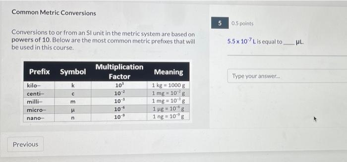 Solved Common Metric Conversions Conversions to or from an | Chegg.com