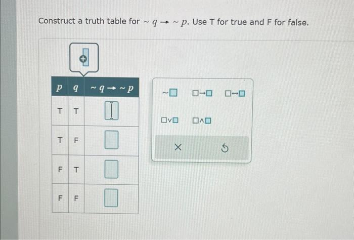 Solved Construct a truth table for ∼q→∼p. Use T for true and | Chegg.com