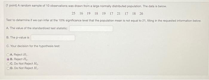 Solved (1 point) A random sample of 10 observations was | Chegg.com