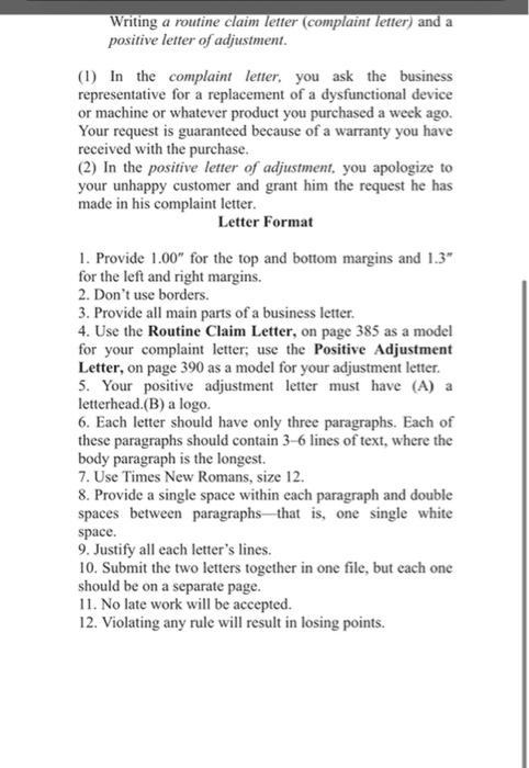 Writing a routine claim letter (complaint letter) and | Chegg.com