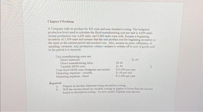 Solved Chapter 9 Problem A Company sells its produet for $20 | Chegg.com