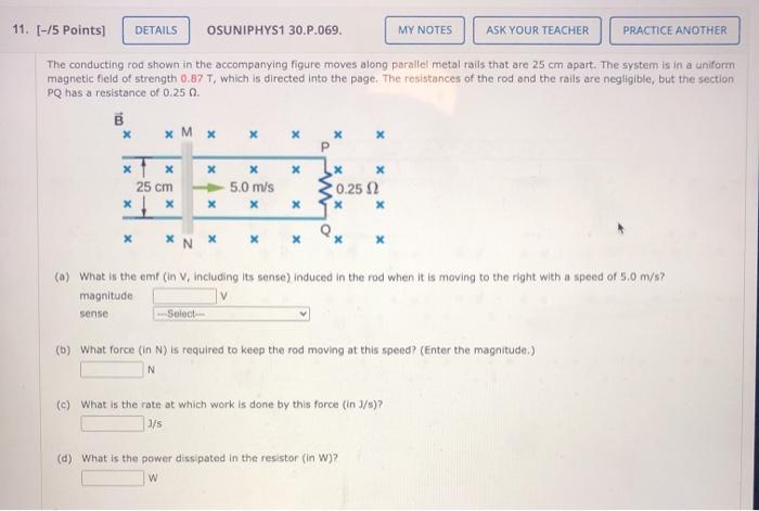 Solved 11. [-15 Points) DETAILS OSUNIPHYS1 30.P.069 MY NOTES | Chegg.com Solved 11. [-15 Points) DETAILS OSUNIPHYS1 30.P.069 MY NOTES | Chegg.com