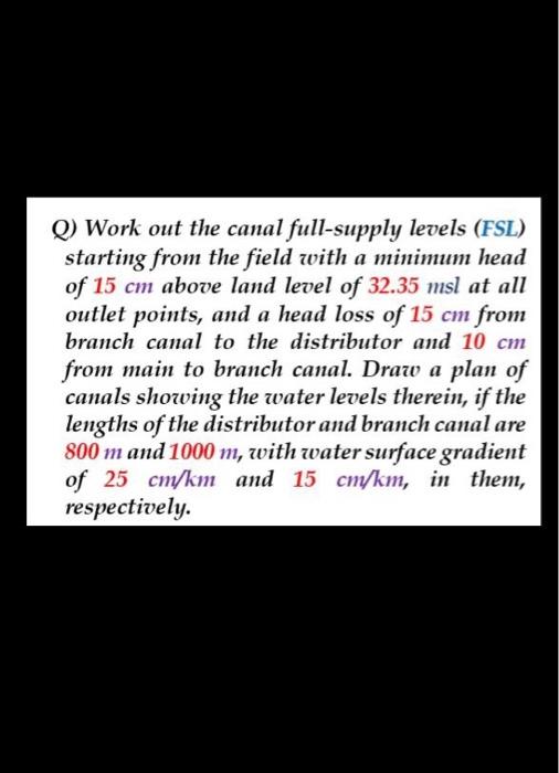 Solved Q Work out the canal full-supply levels (FSL) | Chegg.com