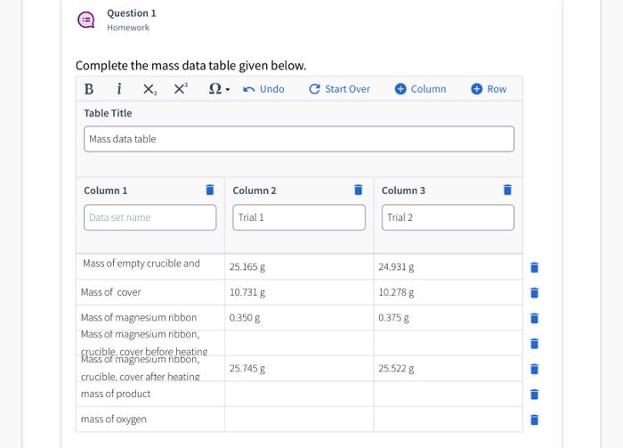 Solved Question 1 Homework Start Over Column Row Complete | Chegg.com