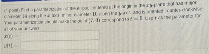 Solved (1 point) Find a parametrization of the ellipse | Chegg.com