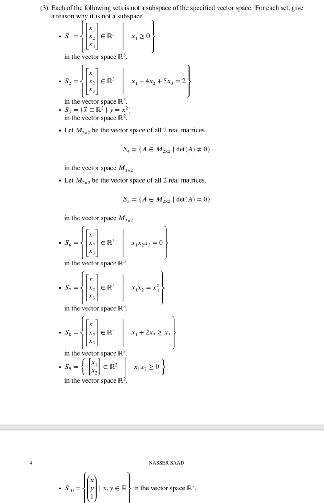 Solved (3) ﻿Each of the following sets is not a subspace of | Chegg.com
