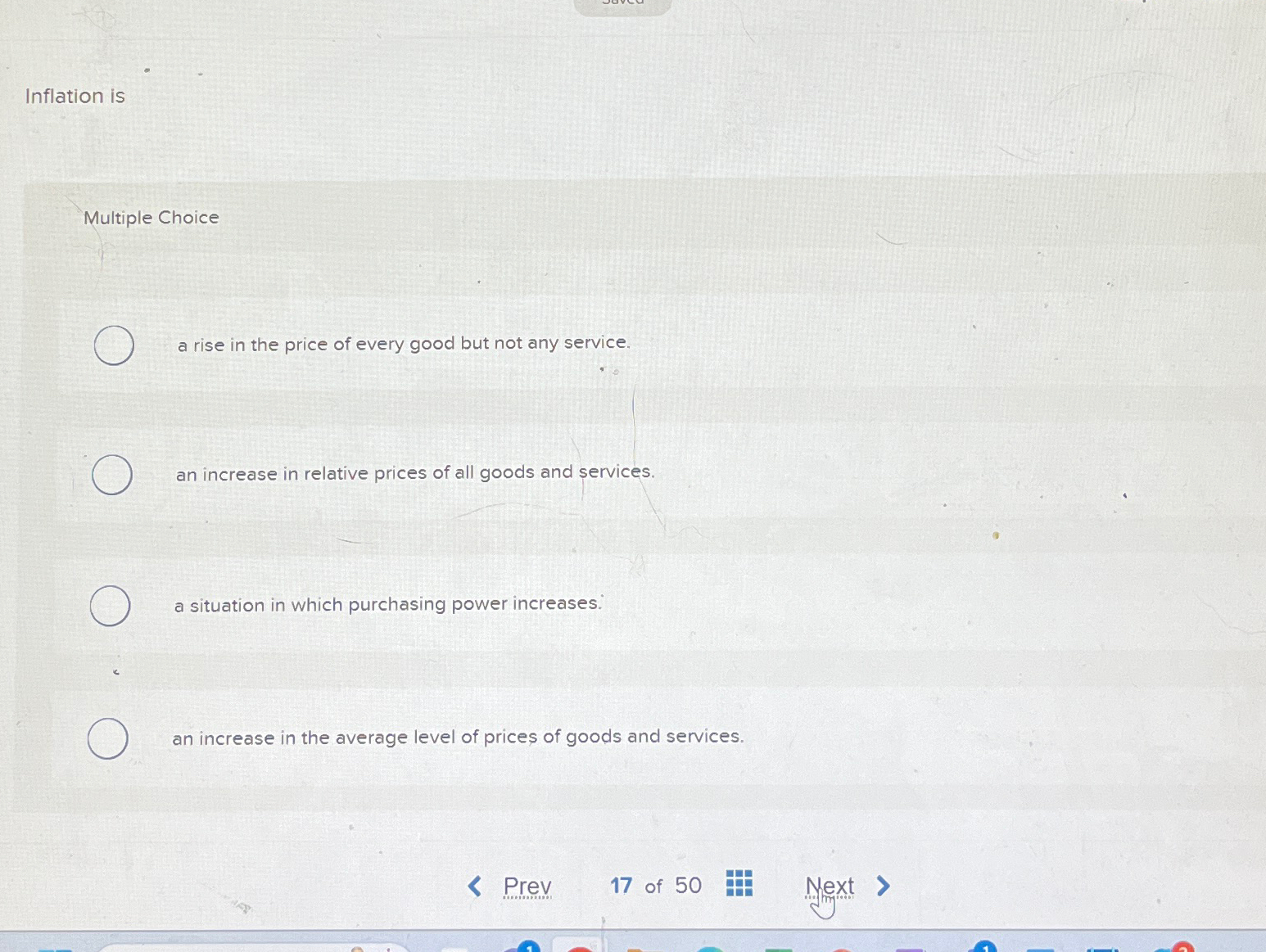 Solved Inflation isMultiple Choicea rise in the price of | Chegg.com