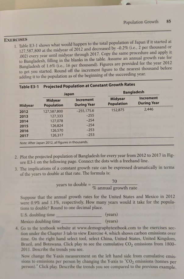Solved Population Growth 85 EXERCISES 1. Table E3-1 shows | Chegg.com