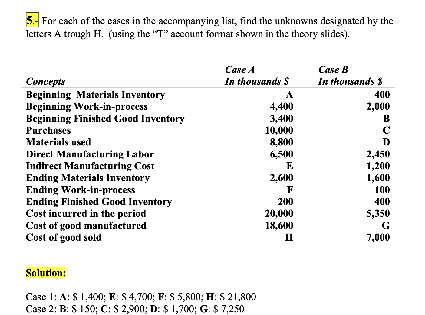 Solved 5.- ﻿For each of the cases in the accompanying list, | Chegg.com