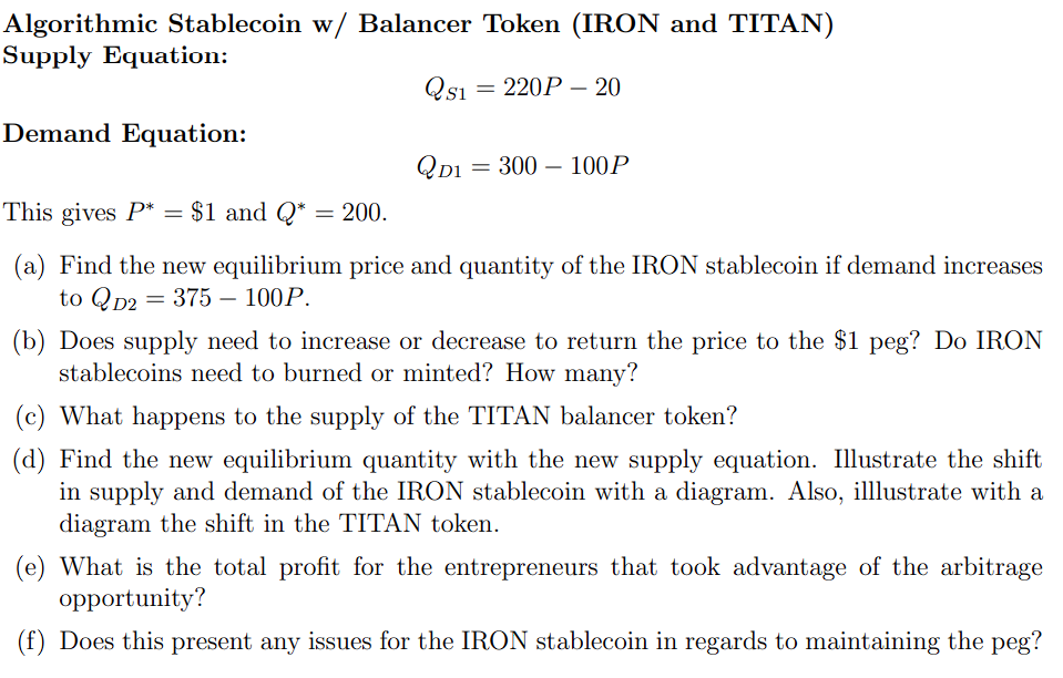 Solved Algorithmic Stablecoin w/ ﻿Balancer Token (IRON and | Chegg.com