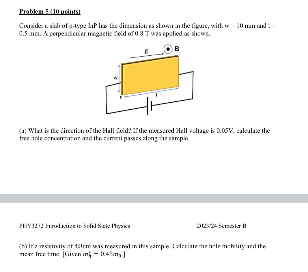 Solved Problem 5 (10 points)Consider a slab of p-type InP | Chegg.com Solved Problem 5 (10 points)Consider a slab of p-type InP | Chegg.com