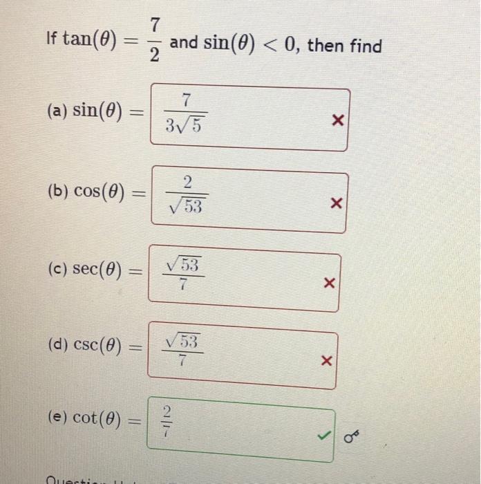Solved tan(θ)=27 and sin(θ)