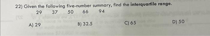 Solved 22) Given the following five-number summary, find the | Chegg.com