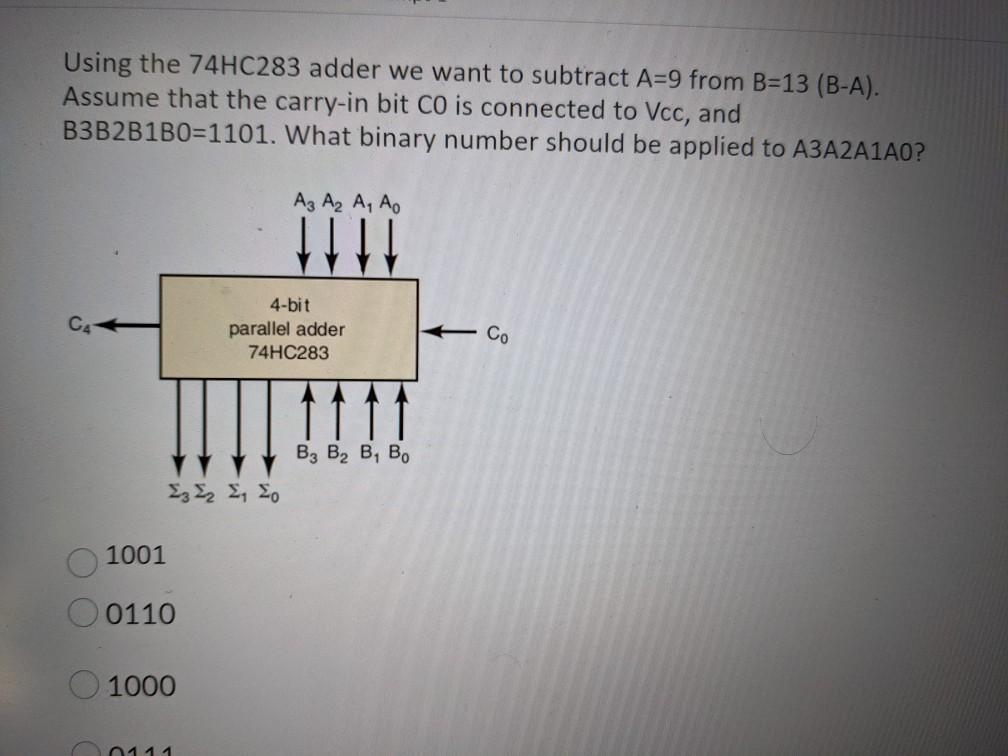 Solved Using the 74HC283 adder we want to subtract A=9 from | Chegg.com