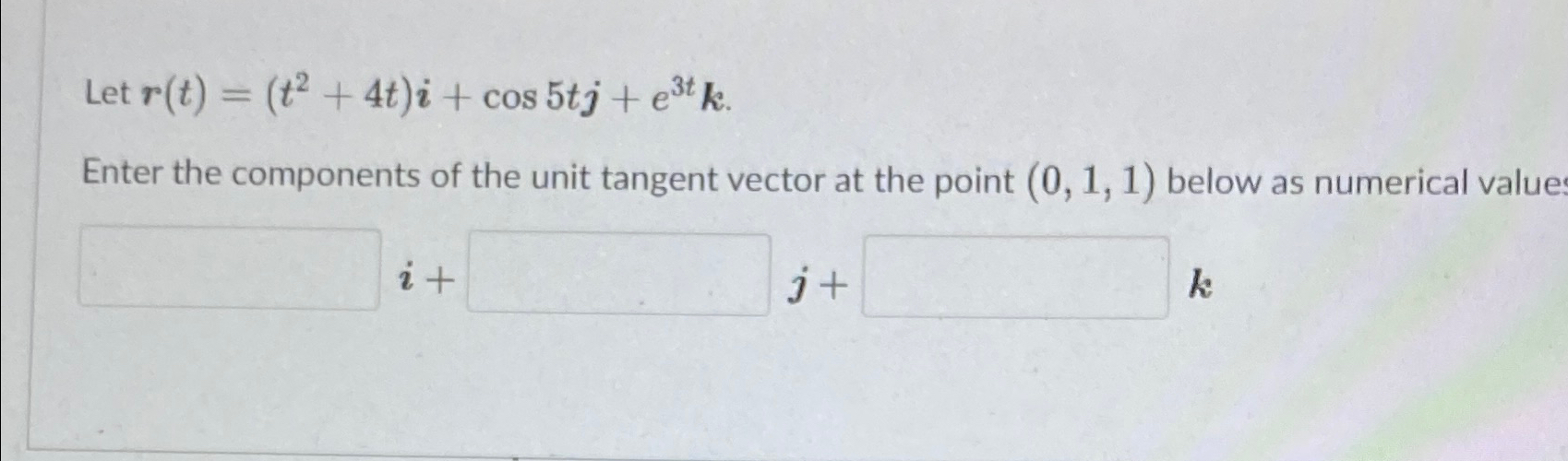 Solved Let r(t)=(t2+4t)i+cos5tj+e3tk.Enter the components of | Chegg.com