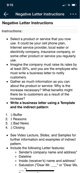 9:15 OOO Negative Letter Instructions Negative Letter | Chegg.com