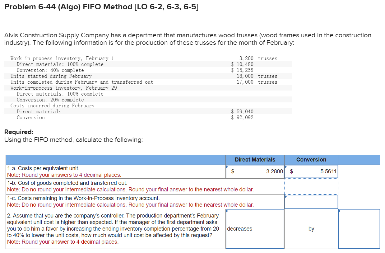 Solved Problem 6-44 (Algo) ﻿FIFO Method [LO | Chegg.com