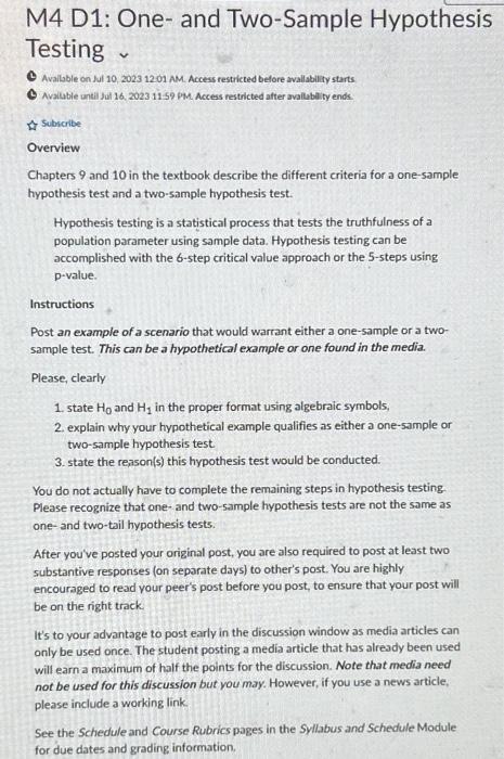 Solved M4 D1: One- and Two-Sample Hypothesis Testing | Chegg.com
