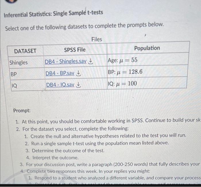 Inferential Statistics: Single Sample t-tests Select | Chegg.com
