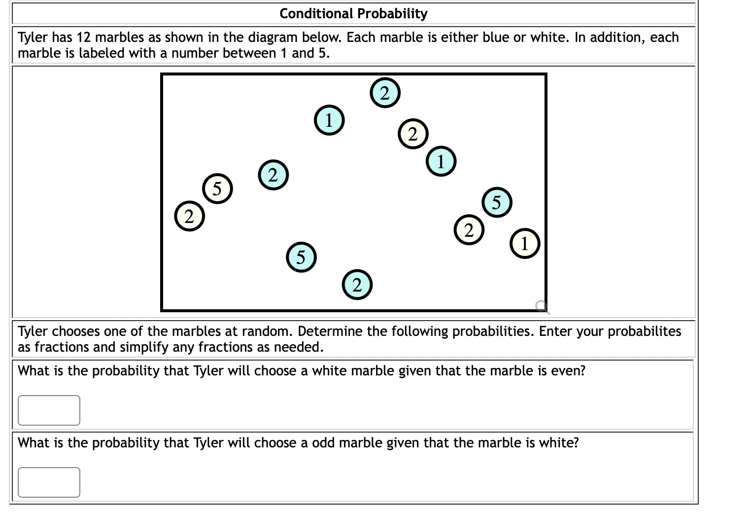 Solved Conditional ProbabilityTyler has 12 ﻿marbles as shown | Chegg.com