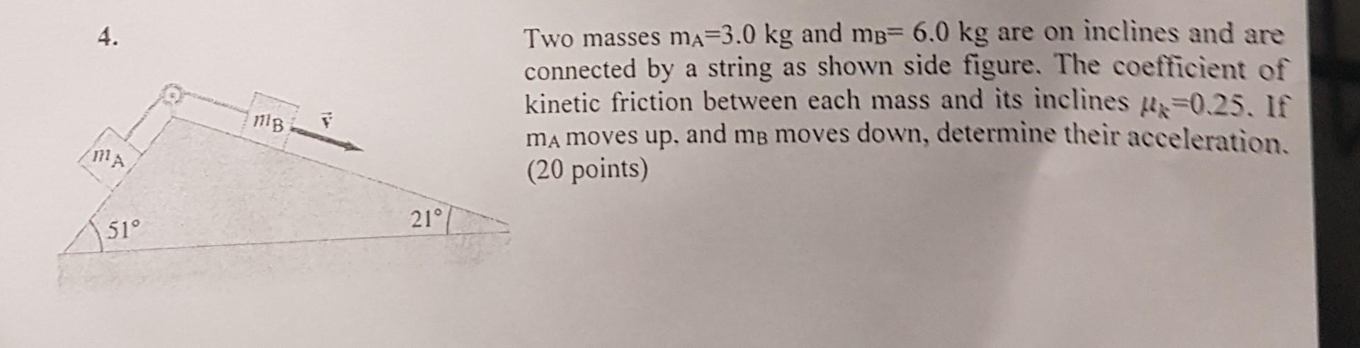 Solved Two masses mA=3.0 kg and mB=6.0 kg are on inclines | Chegg.com