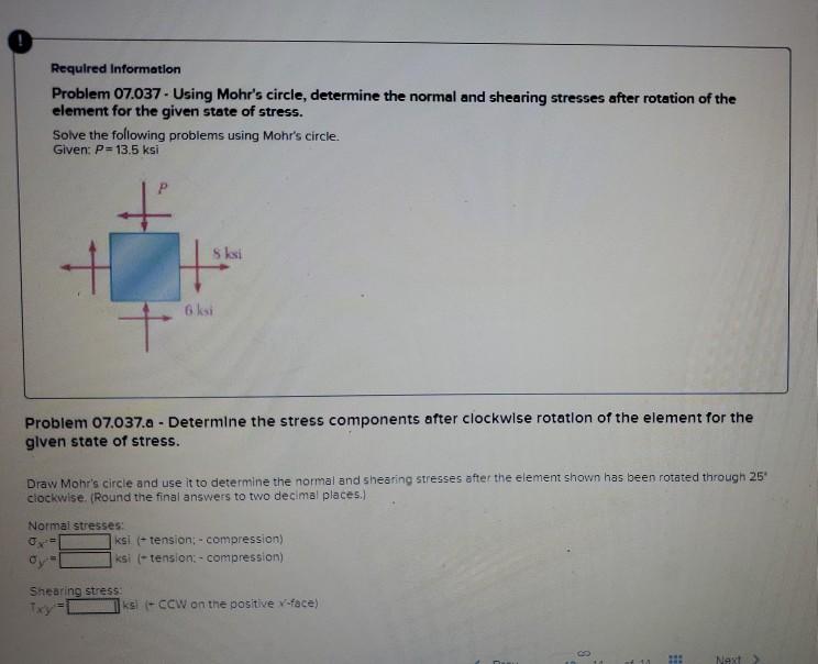 Solved Required Information Problem 07.037. Using Mohr's | Chegg.com