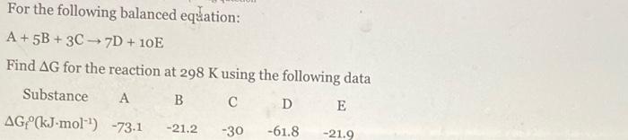 Solved For the following balanced equation: A + 5B + 3C 7D + | Chegg.com