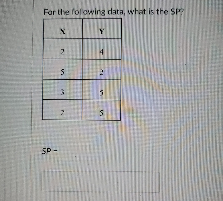 Solved For the following data, what is the SP?\table[[x,Y | Chegg.com