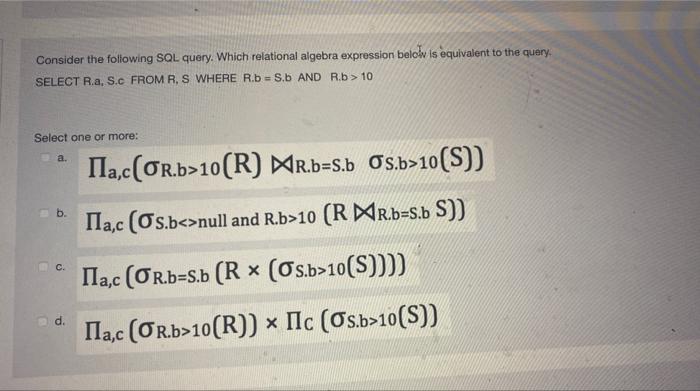 Solved Consider the following SQL query. Which relational | Chegg.com