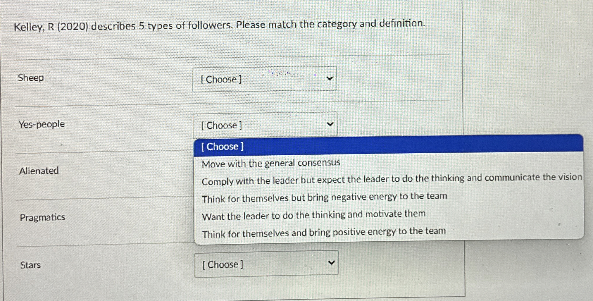 Solved Kelley, R (2020) ﻿describes 5 ﻿types of followers. | Chegg.com