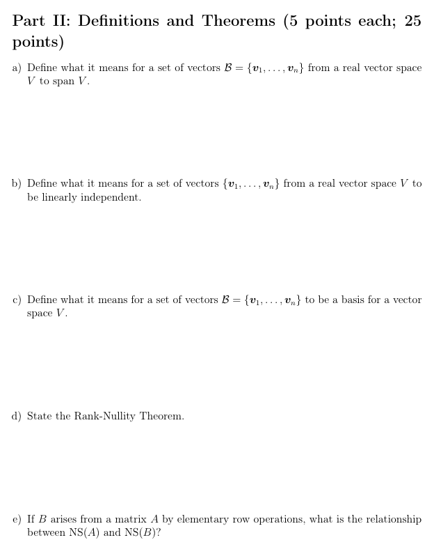 Solved Part II: Definitions and Theorems (5 ﻿points each; | Chegg.com
