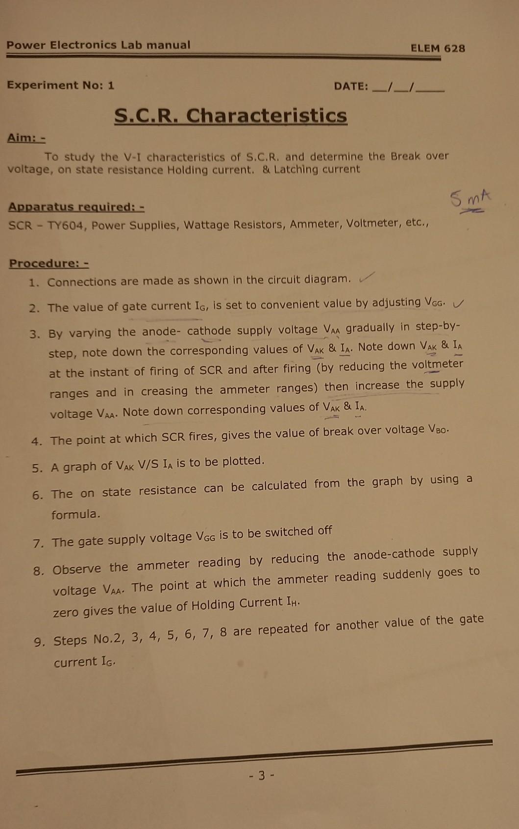 Solved Power Electronics Lab manual ELEM 628 Experiment No: | Chegg.com