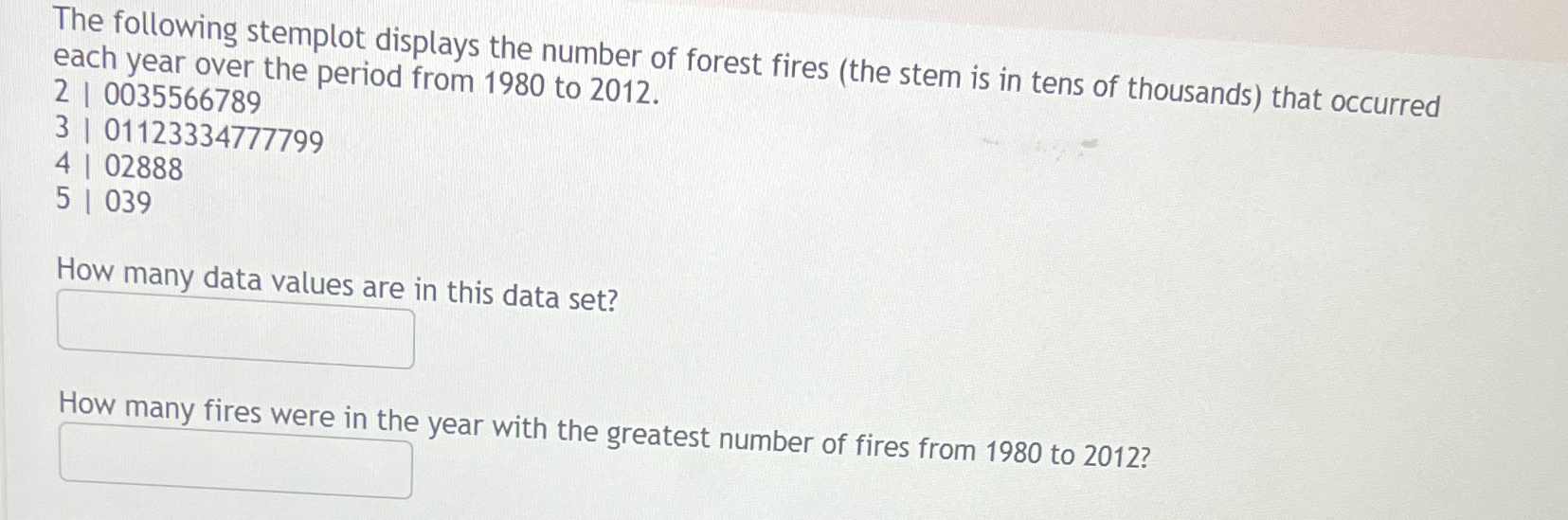 Solved The following stemplot displays the number of forest | Chegg.com