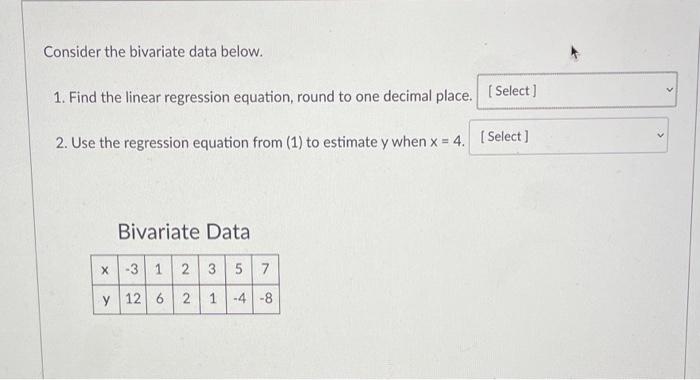 Solved Consider the bivariate data below. 1. Find the linear | Chegg.com